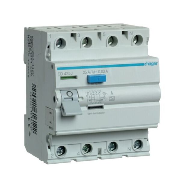 Srovės nuotėkio relė 4P 25A 30mA HAGER CD425J | primtech.lt